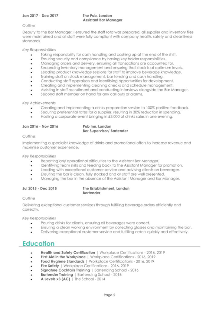 Bar manager CV example + writing guide [Get noticed + win the role]