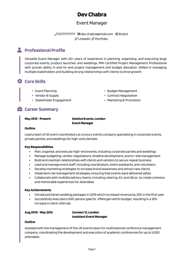 Events manager CV example + writing guide [Get top events jobs]