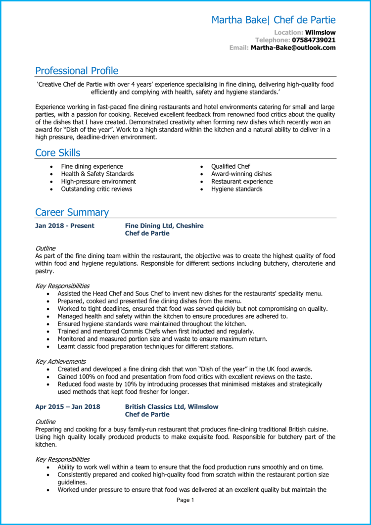 Chef De Partie CV Example Guide Get Hired 