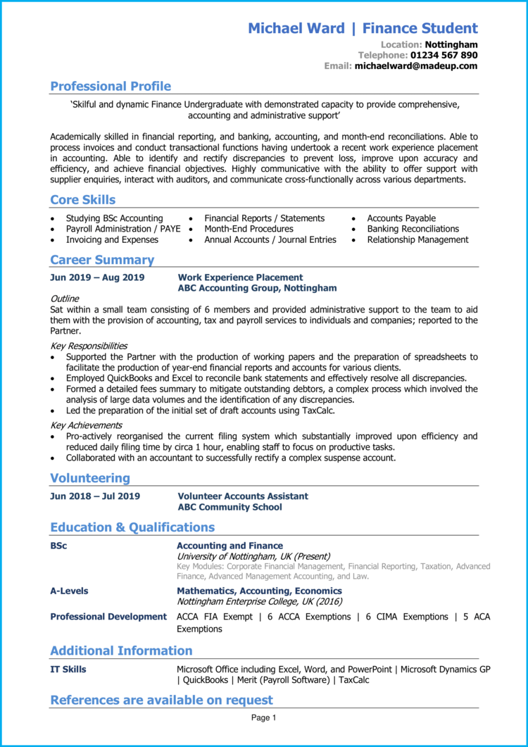 Finance Student CV Example Guide Get Hired 