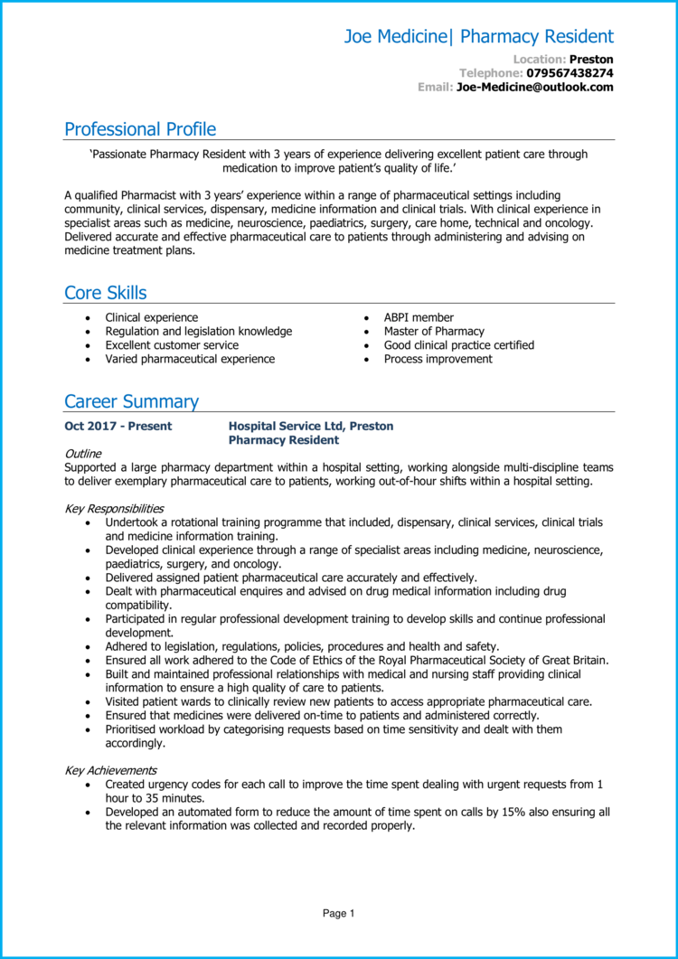 Pharmacy Resident CV Example Guide Get Hired Pharmacy Resident CV Example Guide Get Hired