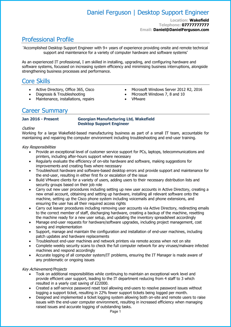 Desktop Support Engineer CV Example Guide Get Hired 