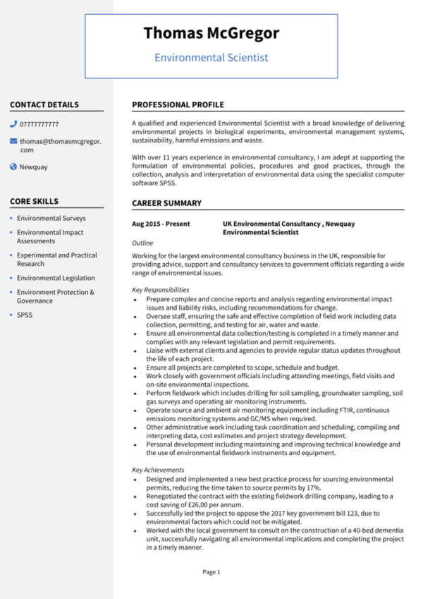 Environmental Scientist CV example + guide [Get hired]