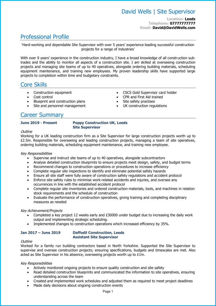Site Supervisor CV Example Writing Guide Get Interviews 
