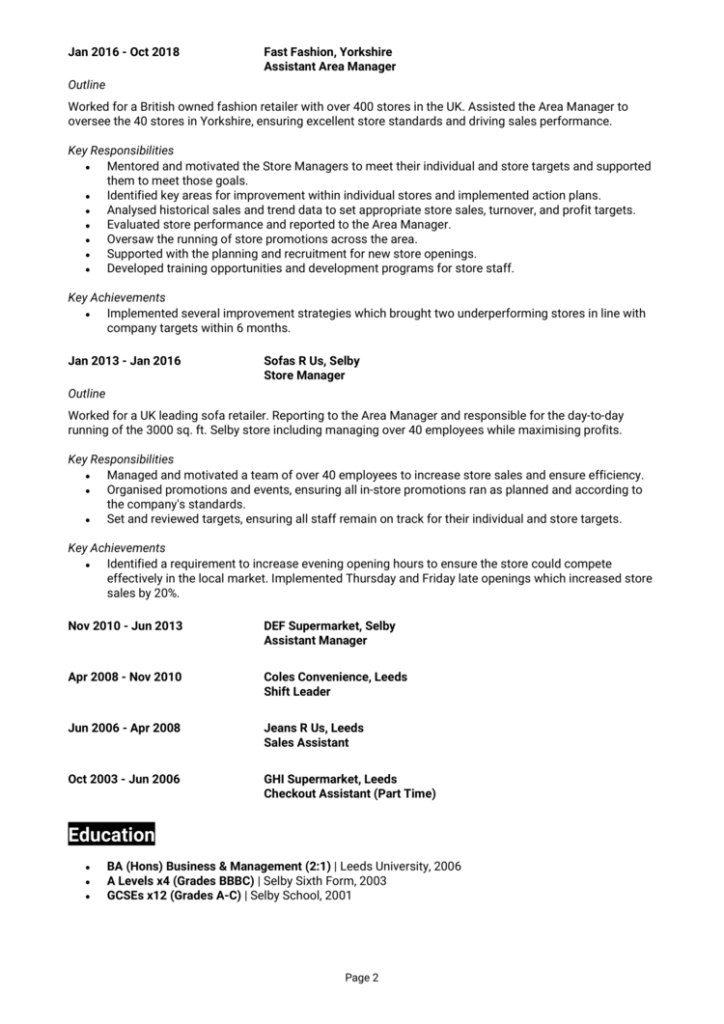 Area Manager CV example + Writing guide and CV template Area Manager CV example + Writing guide and CV template
