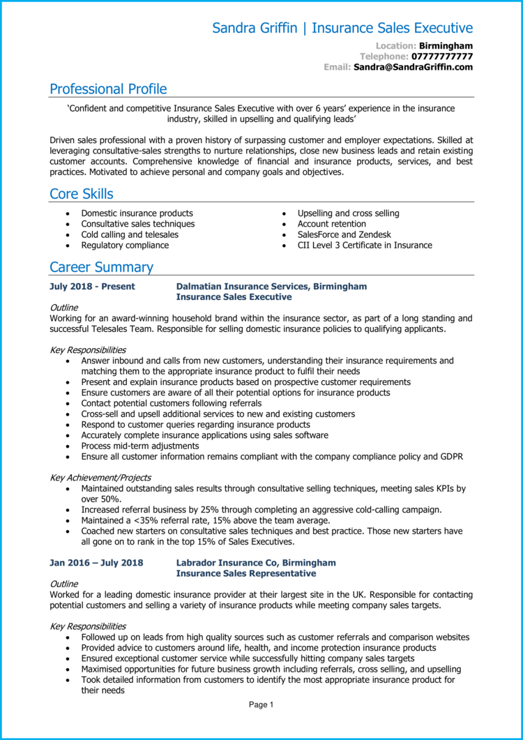 Insurance Sales Executive CV Example Win Those Jobs 