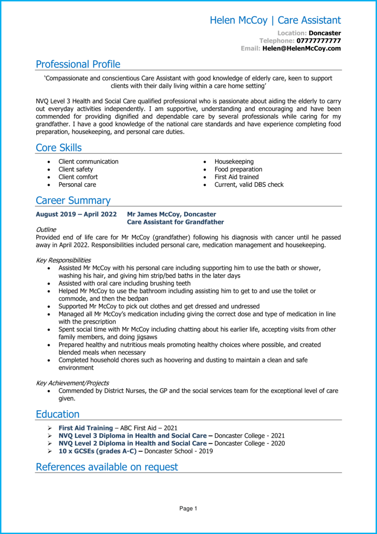 Care Assistant With No Experience CV Example Get Noticed 