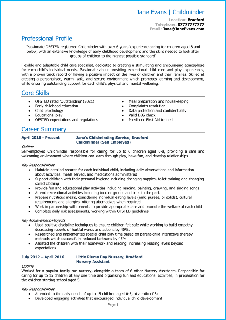 Childminder CV Example Guide Get More Interviews 