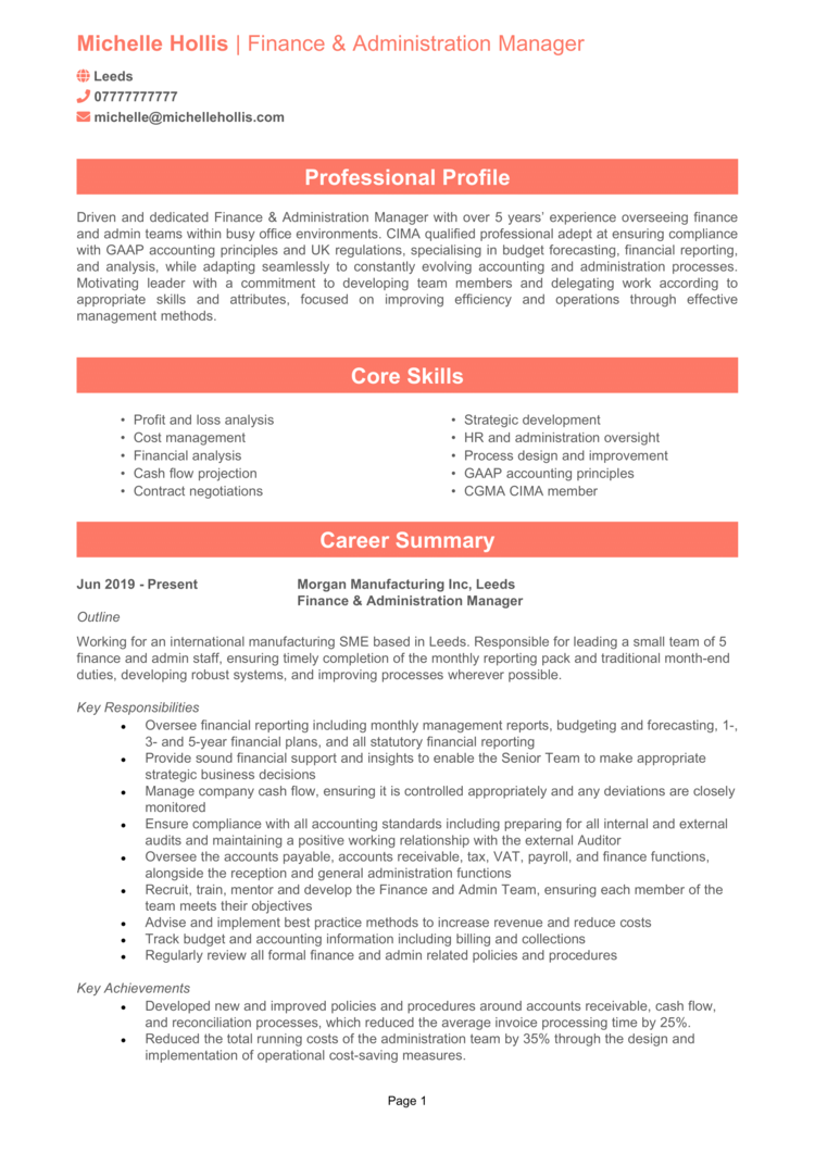 Finance And Admin Manager CV Example Land The Best Jobs Finance And Admin Manager CV Example Land The Best Jobs