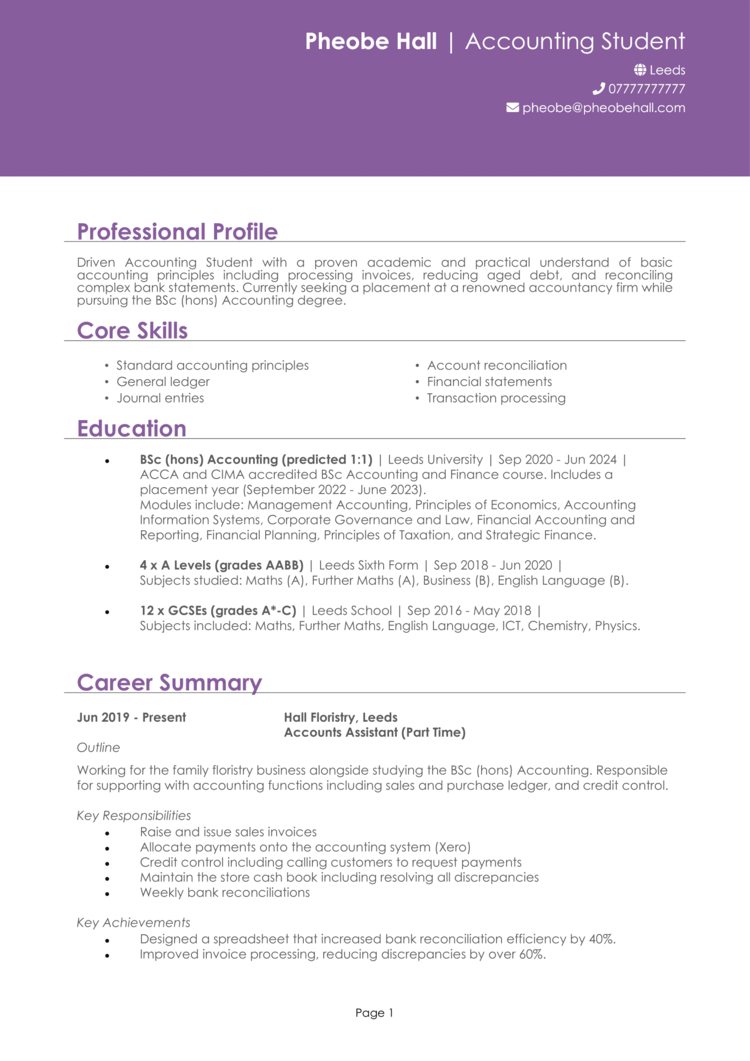 Accounting Student CV Example Guide Win Those Jobs 
