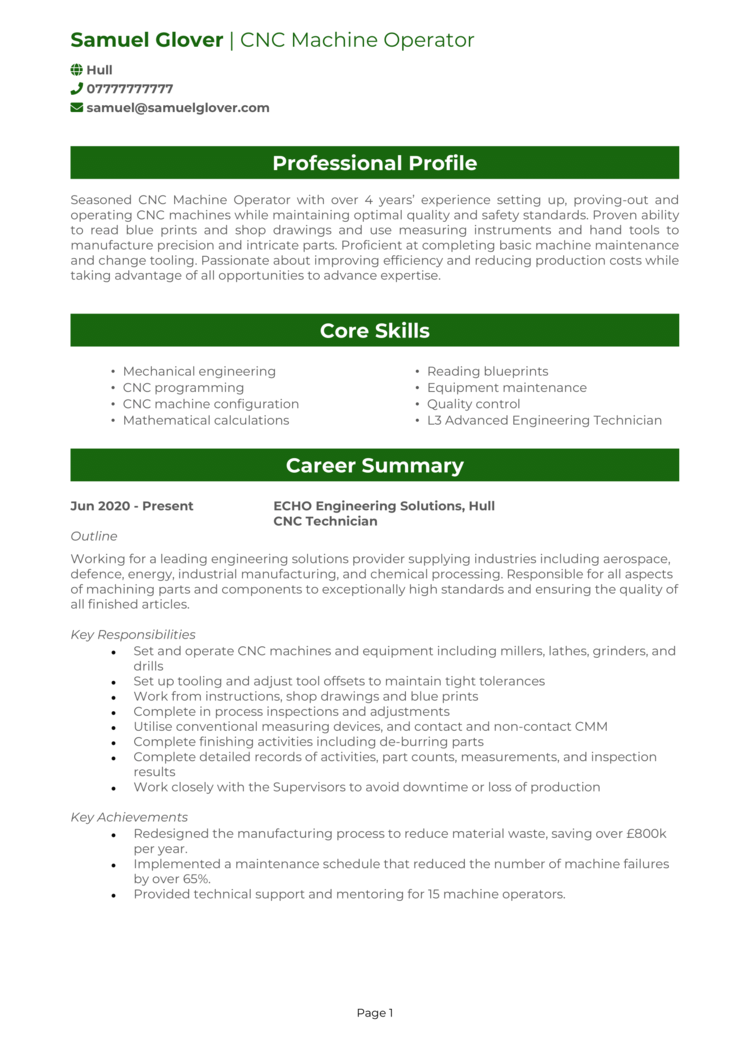 CNC Machine Operator CV Example Guide Land A Top Job 