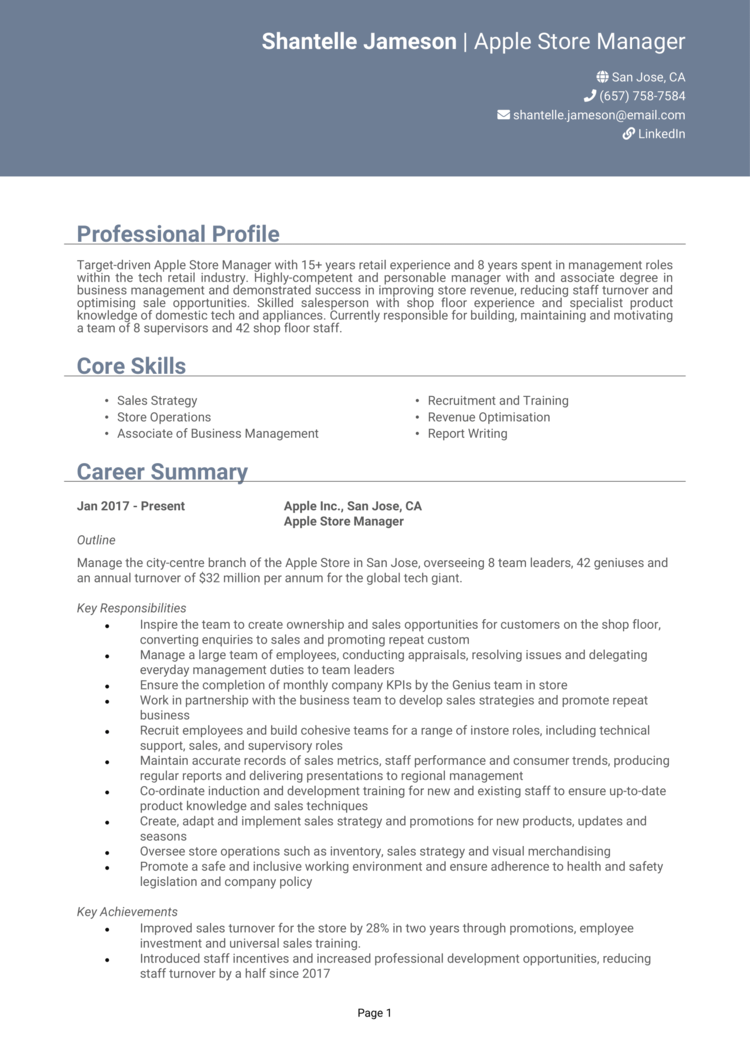 Retail Sales Manager Resume Examples