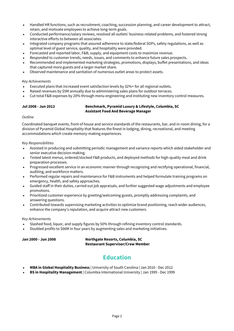 Food And Beverage Director Resume Example Guide Get Jobs 2023 