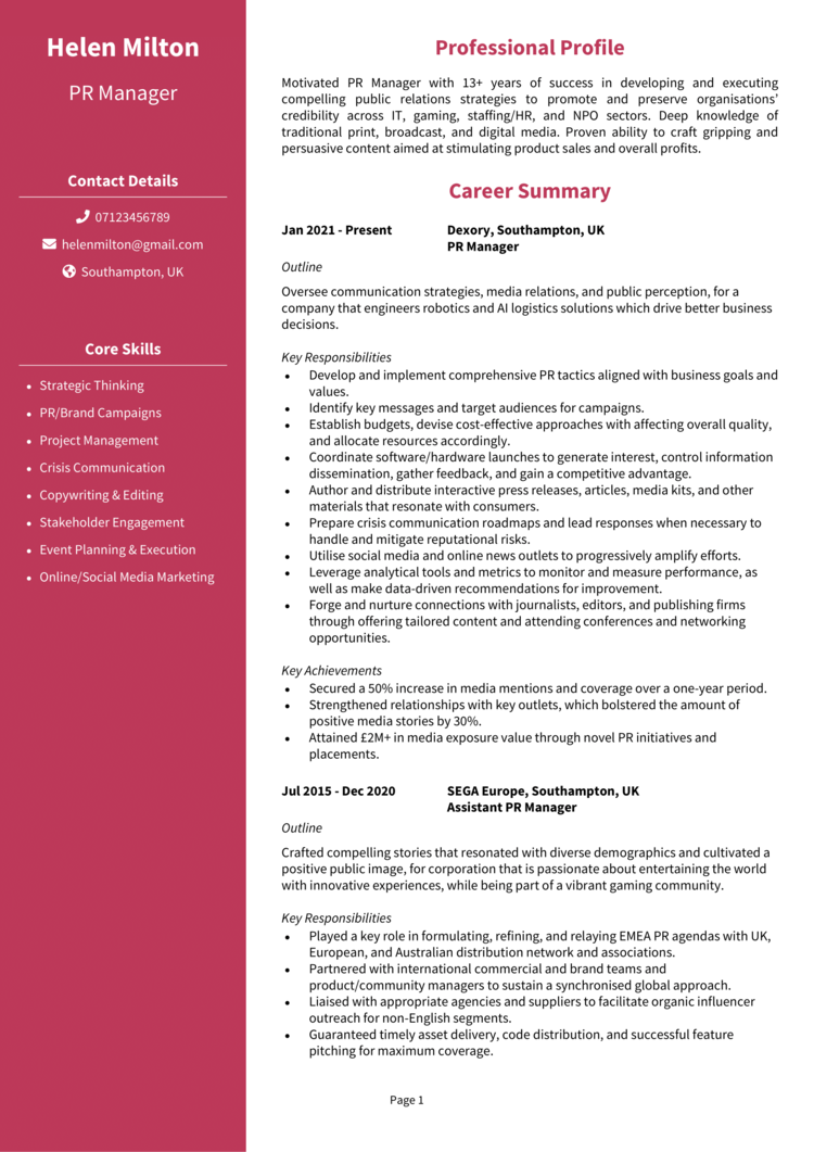 PR Manager CV example + guide (Public Relations) [Get jobs]