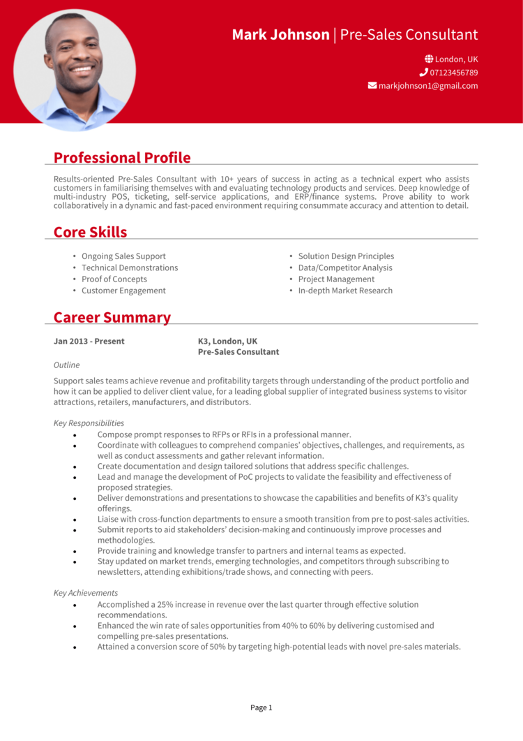 Pre Sales Consultant CV example + guide [Get hired quick]
