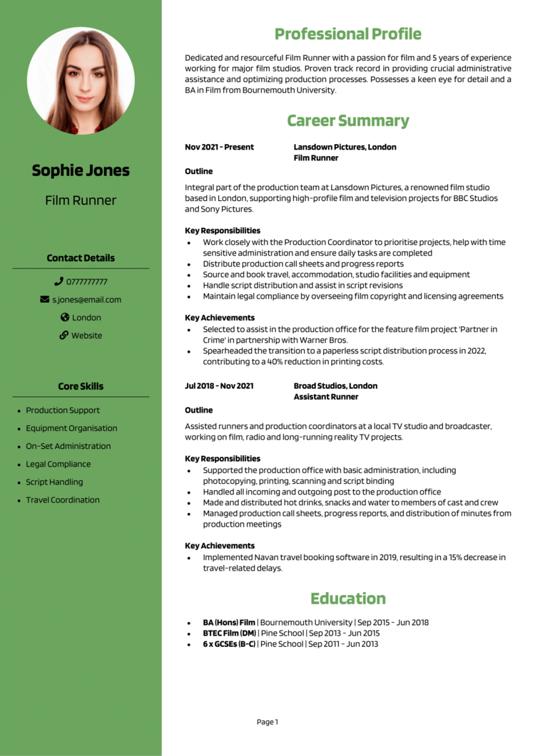 Film Runner CV example + guide [Get noticed]