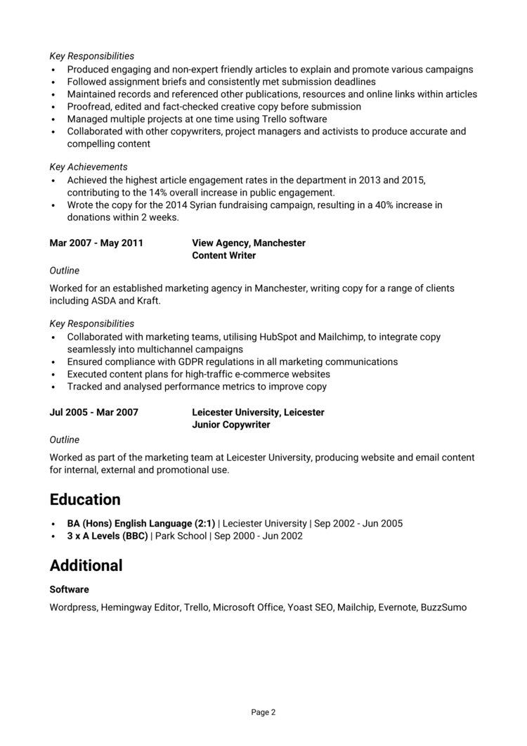 Content Writer CV Example Writing Guide And CV Template