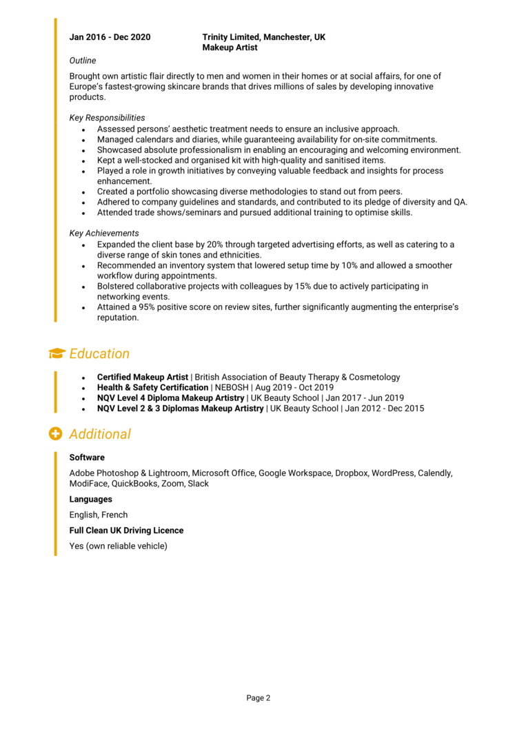 2 Makeup Artist CVs for 2025 + easy writing guide [Get hired]