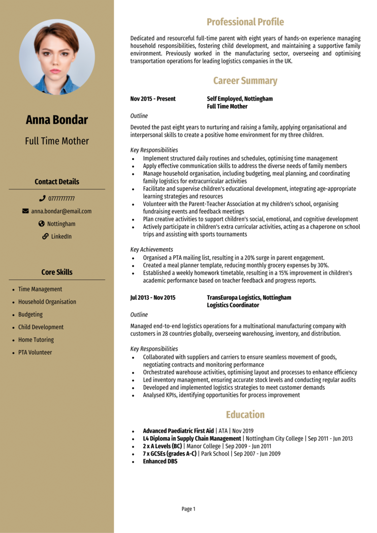 Full Time Mother CV example + template [Get noticed]
