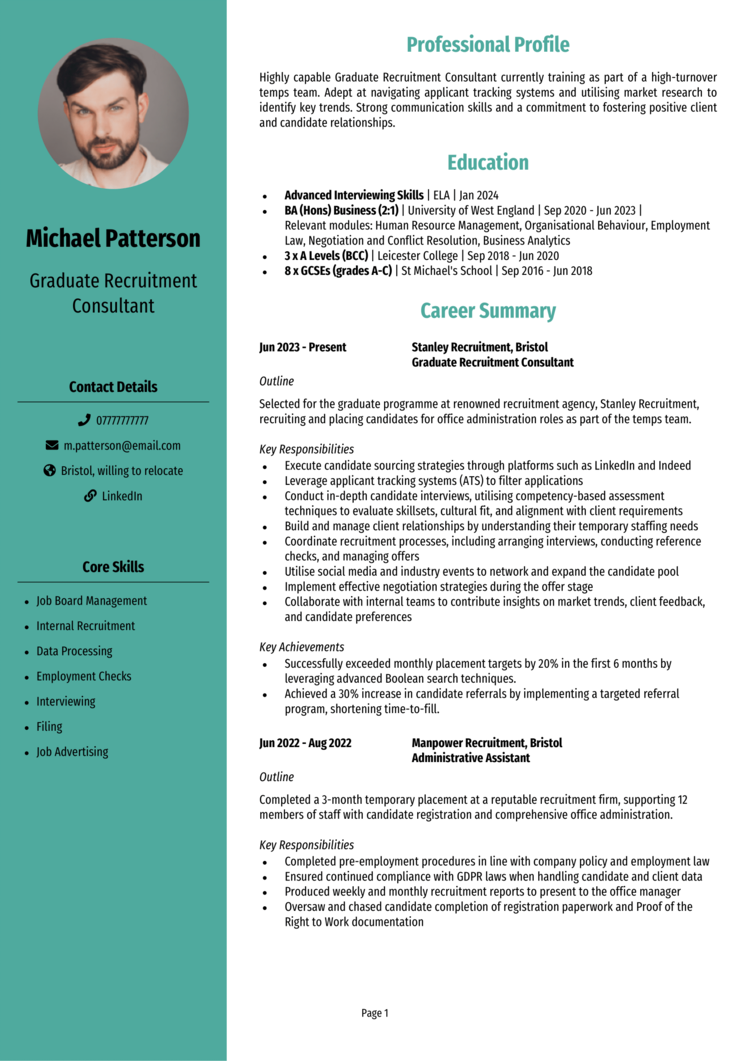 Graduate Recruitment Consultant CV example + guide