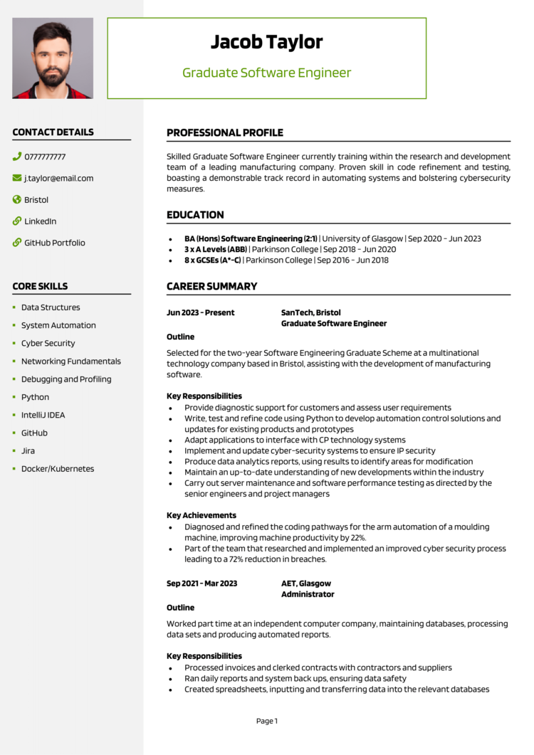 Graduate Software Engineer CV example + guide [Land a job]