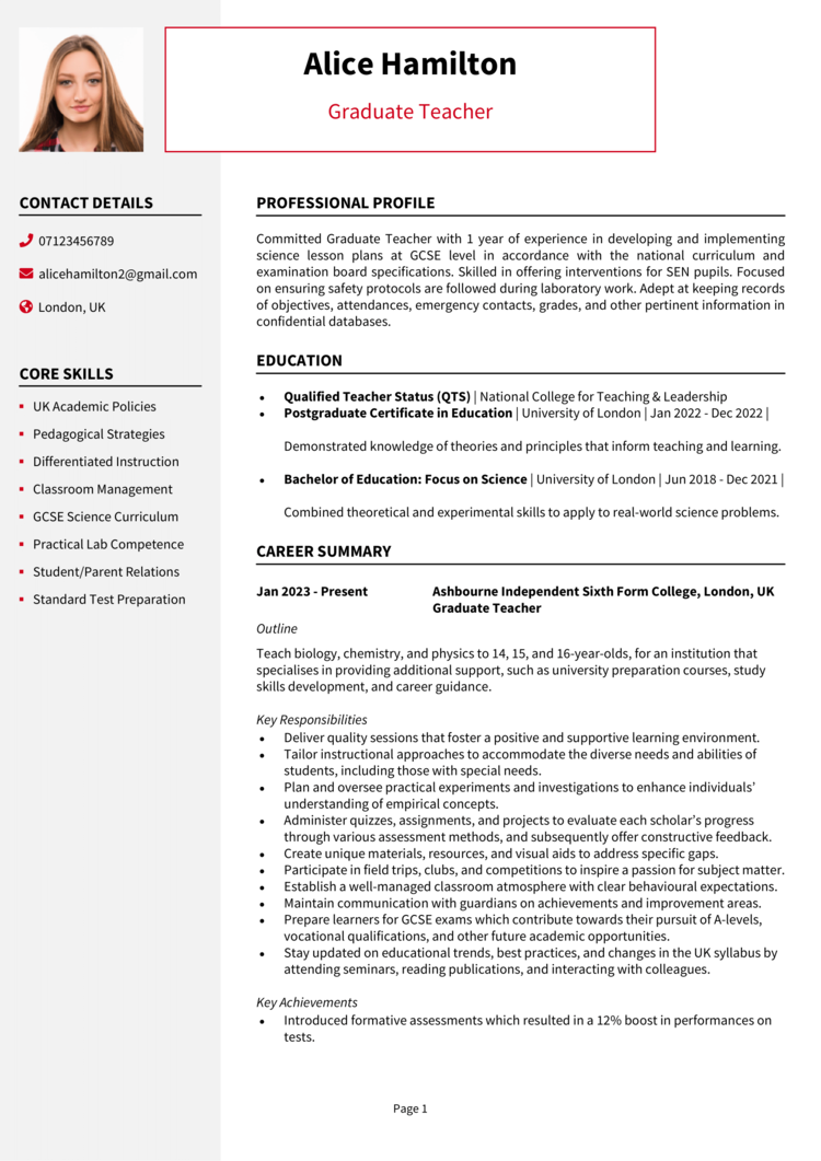 Graduate Teacher CV example & guide [Win job interviews]
