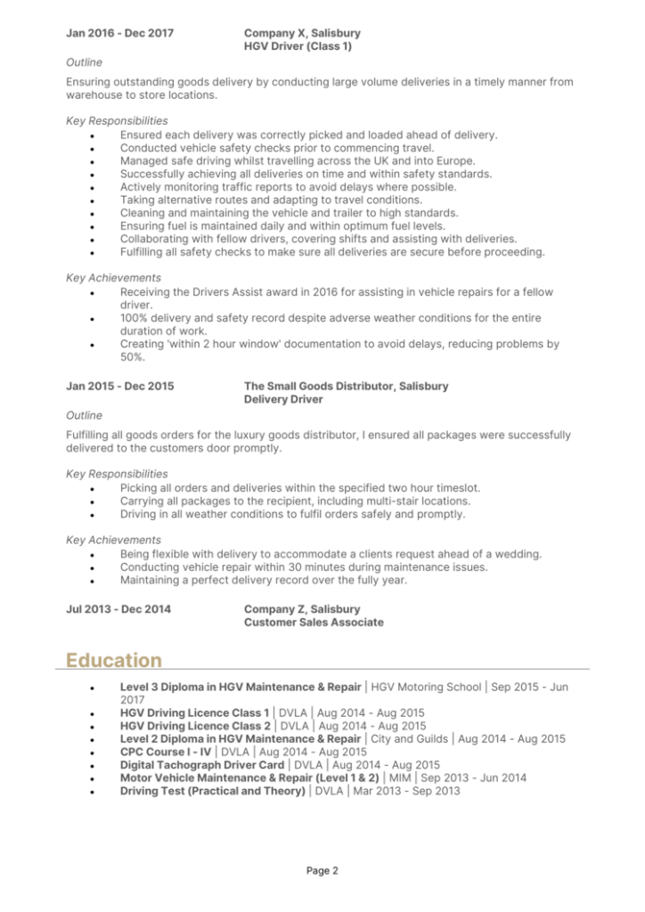 HGV Driver CV example + writing guide [Get the job you want]