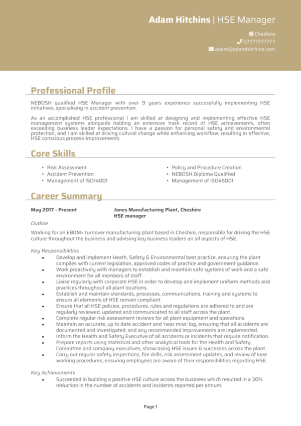 HSE Manager CV example (Health & Safety) + guide [Get hired]