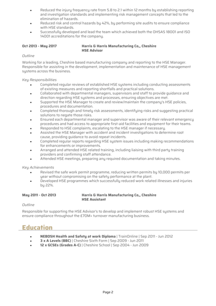 HSE Manager CV example (Health & Safety) + guide [Get hired]